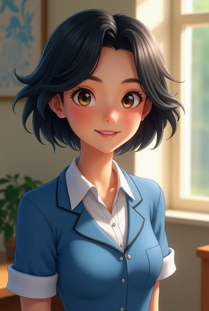 Initial teacher for ren , smiling, with short wavy black hair - SeaArt AI