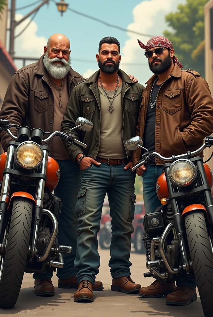 A group of bikers. There's Reggie, a large, burly, bald, beared older ...