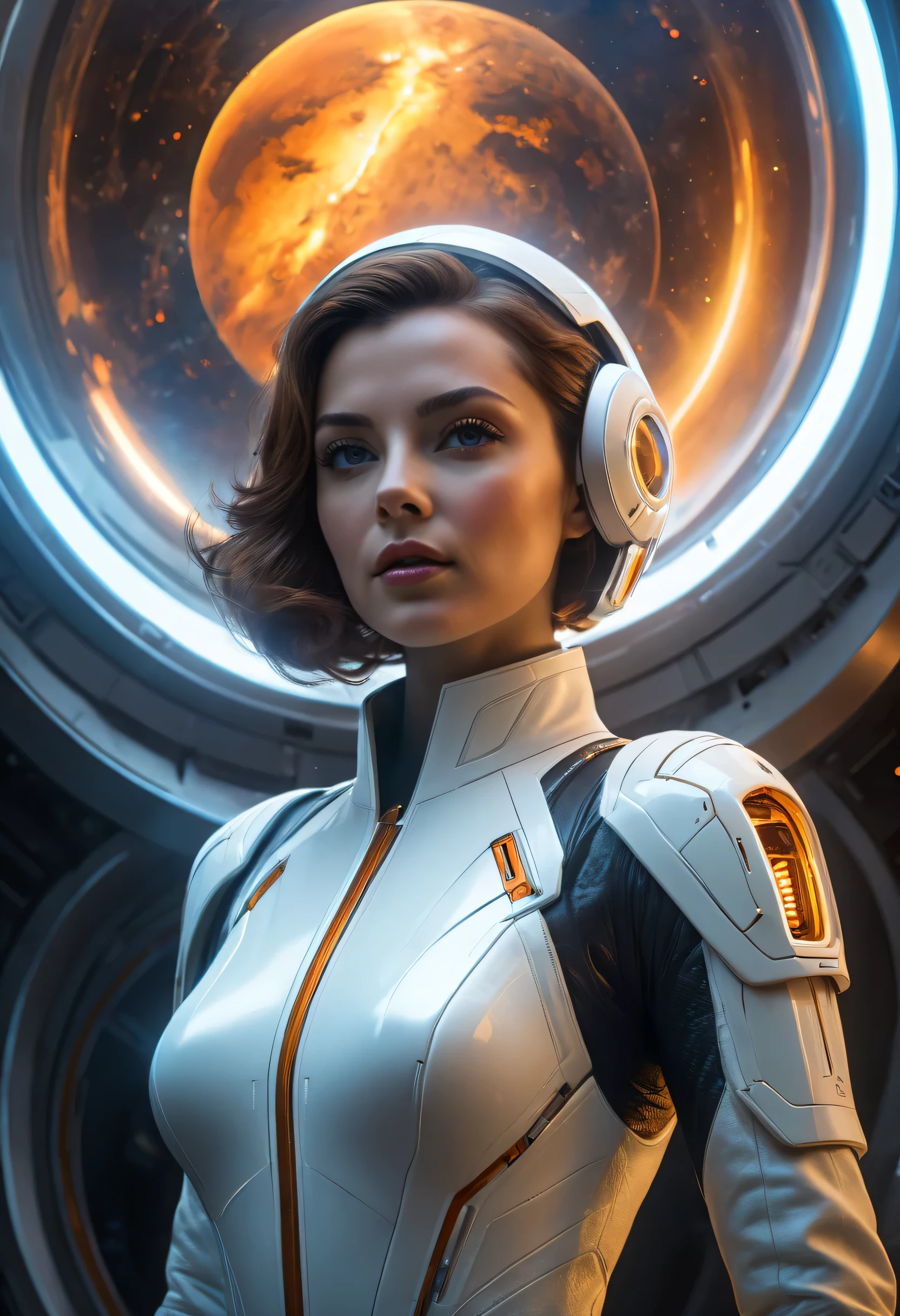 Arafed woman in a futuristic suit with headphones standing in front of ...
