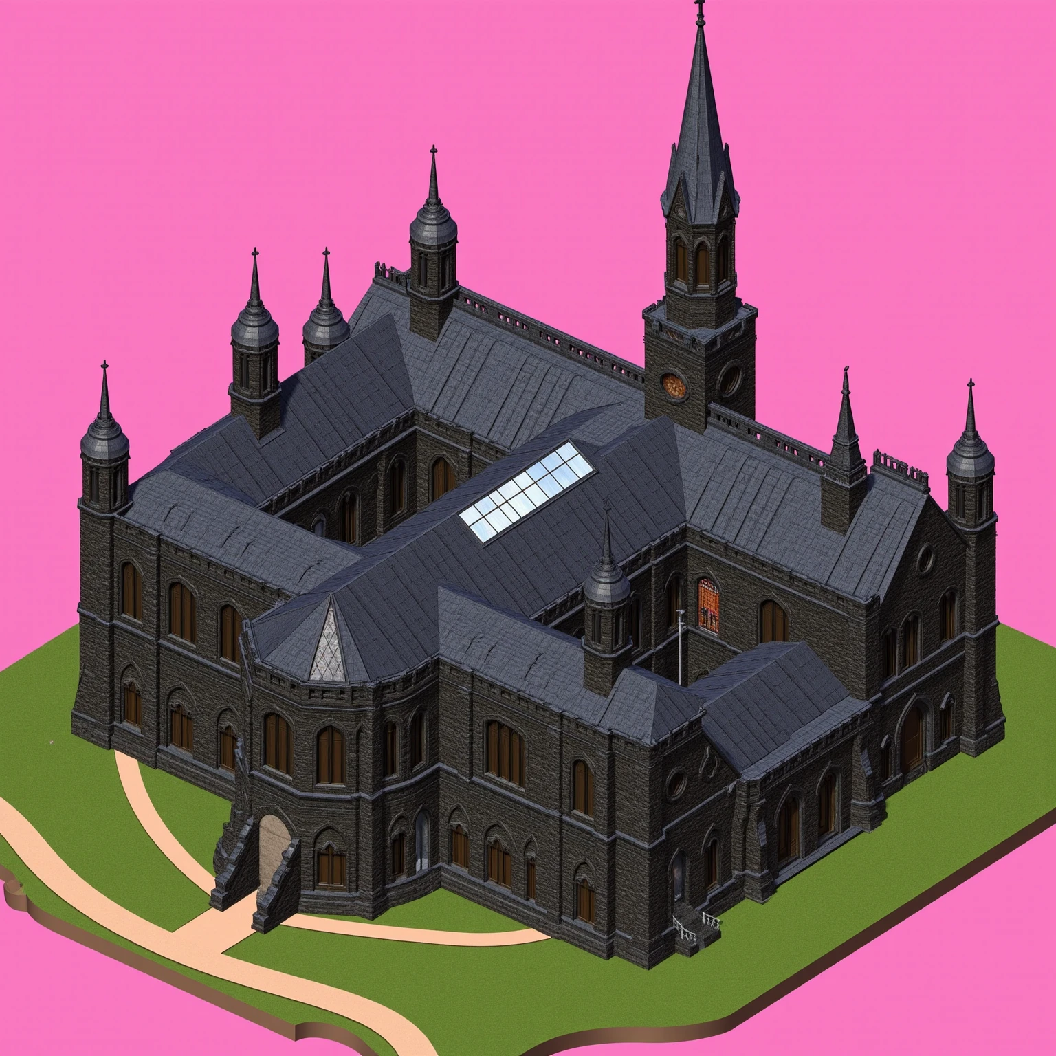 A highly detailed, isometric view of a large, Gothic-style mansion or ...