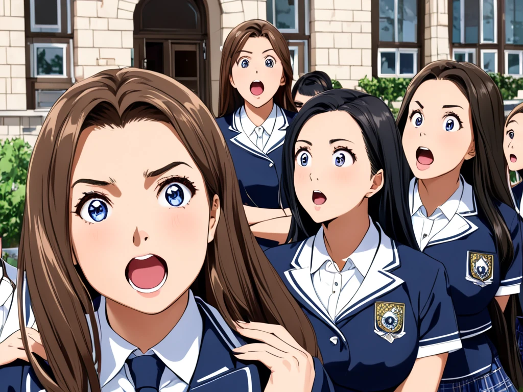 A group of girls, outside an elite school , elite uniform beautiful and ...