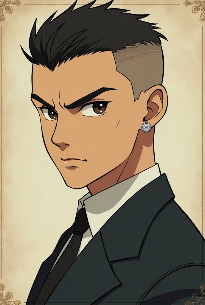 Buzz cut men with a line in a side dressed formal with silver earring ...