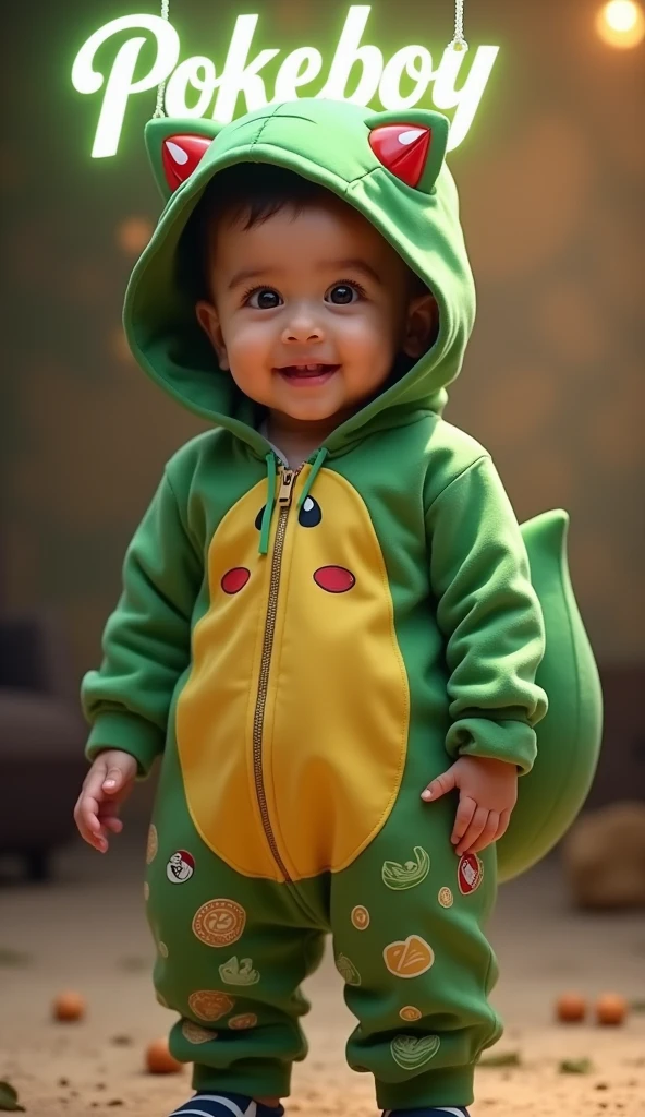 A young baby boy stands proudly in the center of the frame, wearing a ...