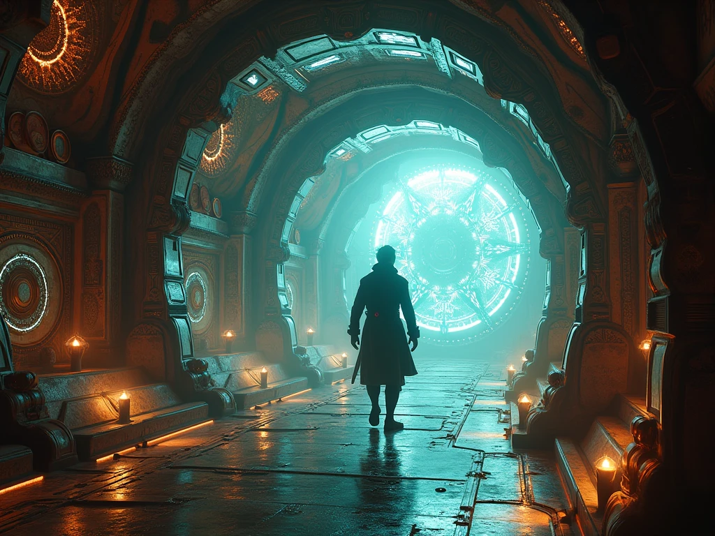 A person walking through a glowing time machine with futuristic and ...