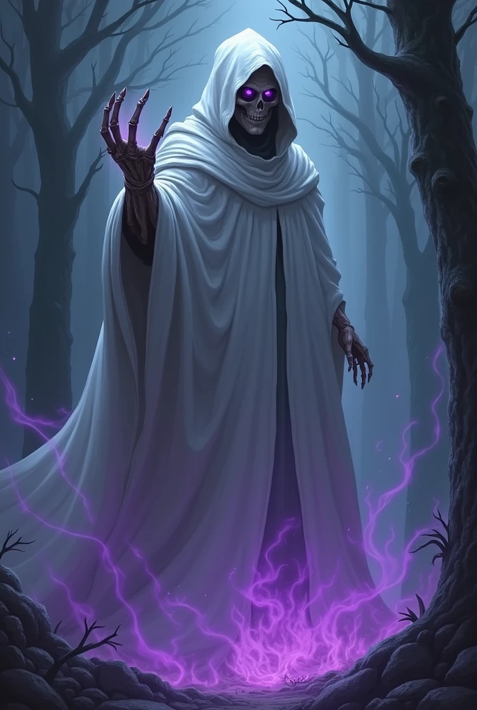 1 essence, man, death, white cloak, purple eyes, burning eyes - SeaArt AI