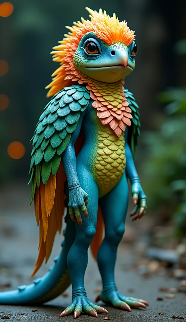 A fantastical humanoid creature with amphibian and bird-like features ...