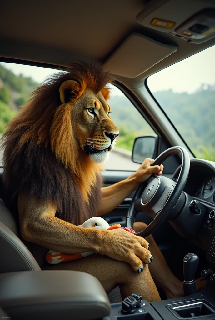 A lion drives a car and he eats a duck. - SeaArt AI