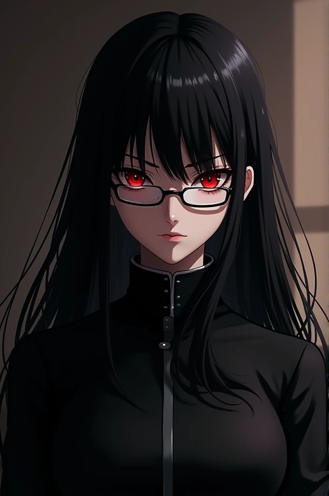 A girl who has long black hair,has red eyes, stoic expression - SeaArt AI