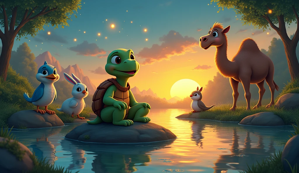Prompt : cartoon :Tiny Tim the Turtle returns to his pond at dusk ...