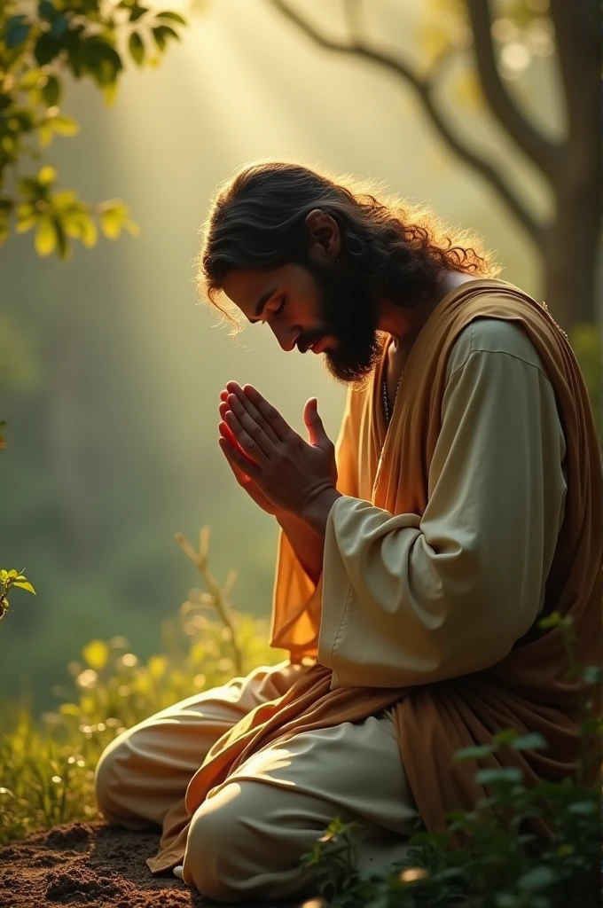 Generate image of jesus kneel down prayer. Make it look like a real ...