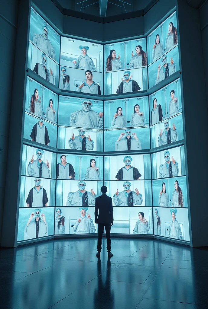 A person is standing in front of a huge monitor with many small screens ...