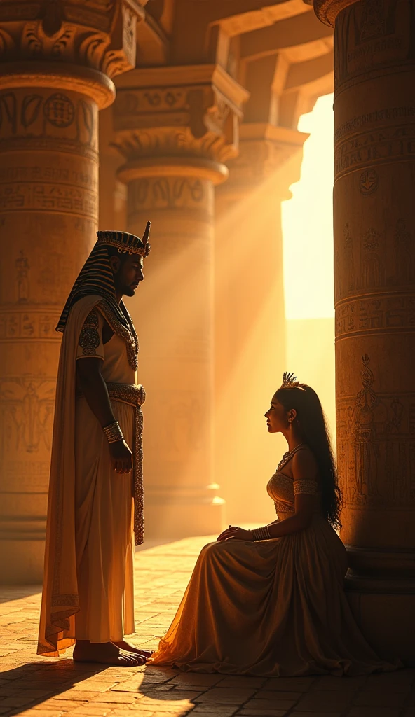 Pharaoh standing proud , background Egyptian queen sitting on chair ...