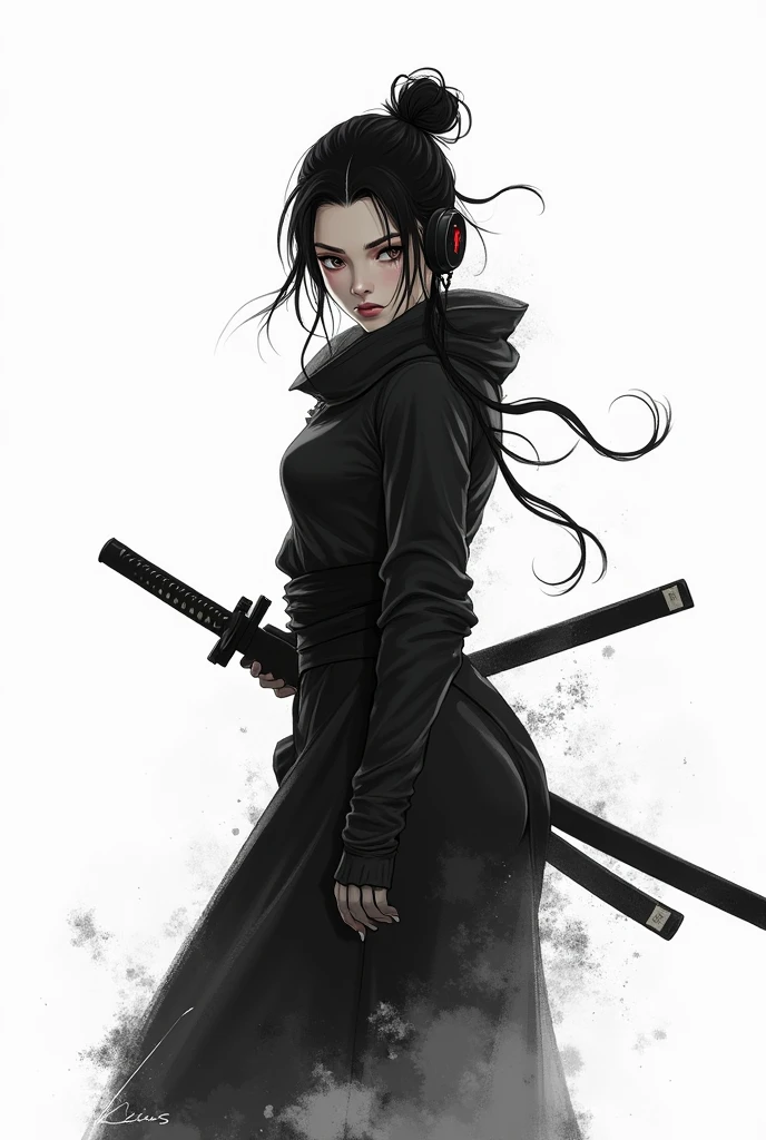 Female Ninja、wield a sword Ink painting 、 drawn with a simple black ...