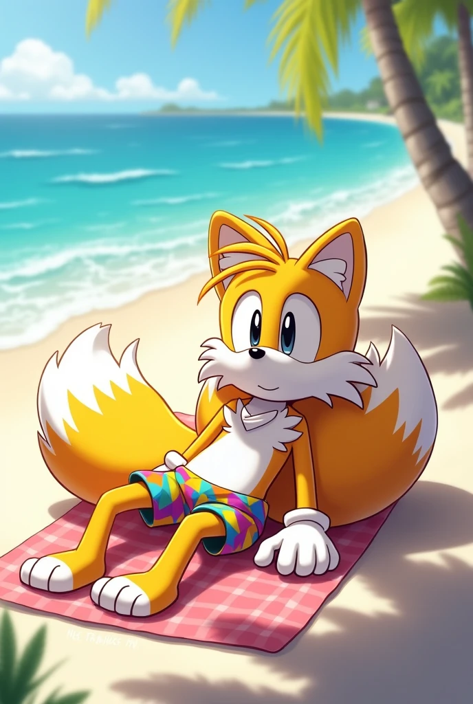 Miles "Tails" Prower, bikini, beach,sunbathing - SeaArt AI