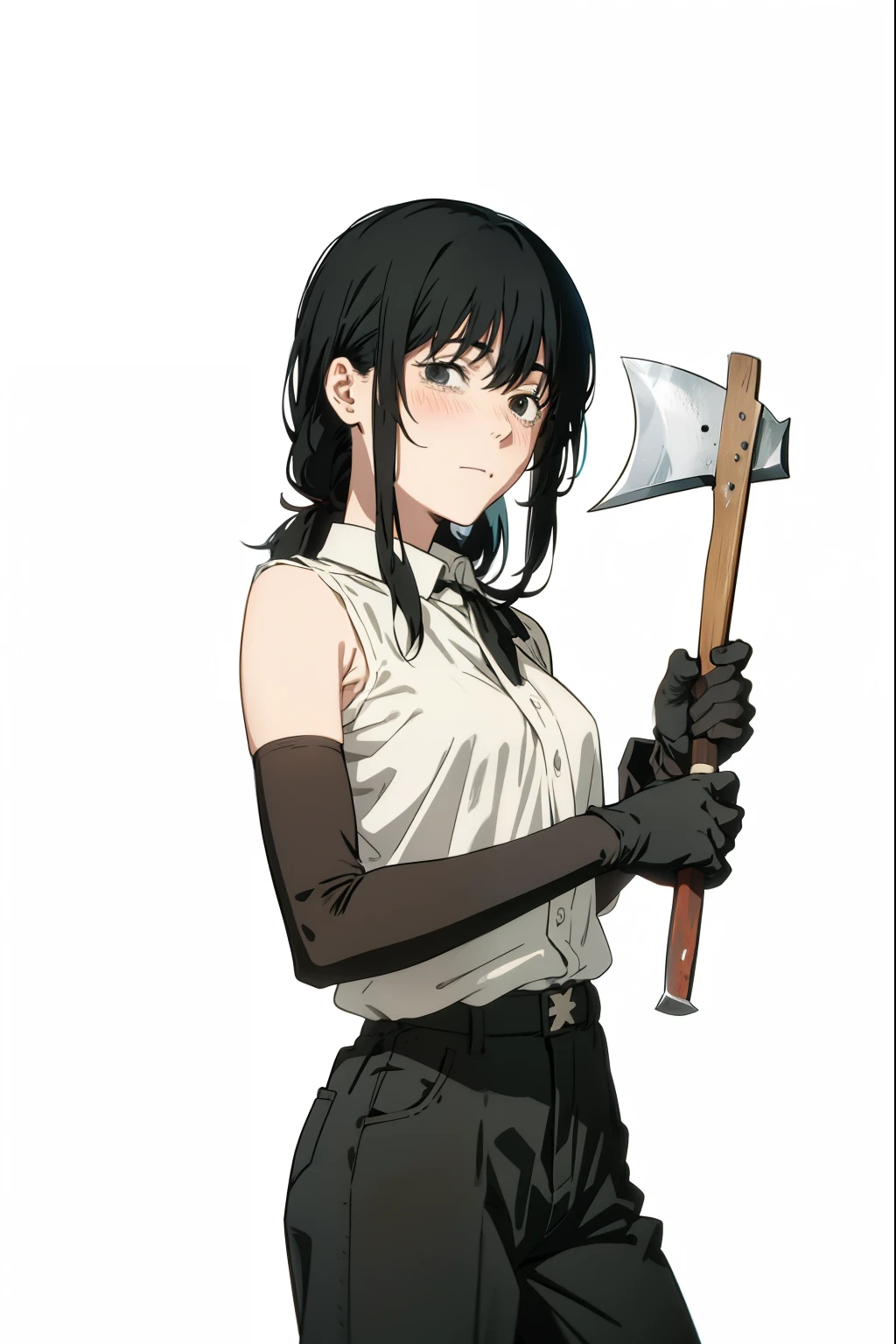 Anime girl with axe in hand and white shirt - SeaArt AI
