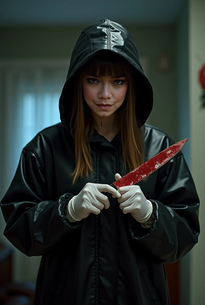 beautiful girl, (behind stiff, bloody surgical mask), bloody knife ...
