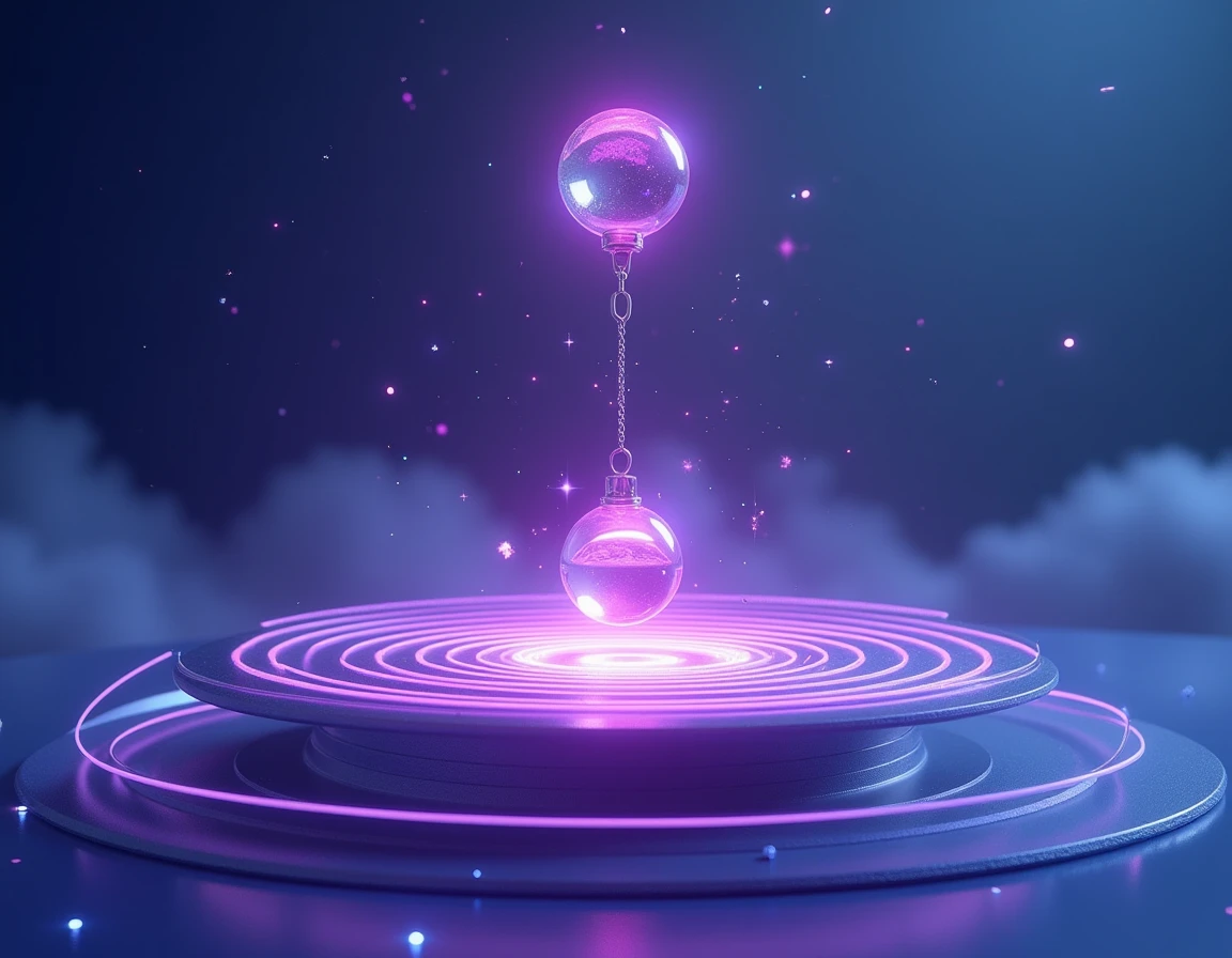 The scene features a quantum table futuristic in shades of blue and ...