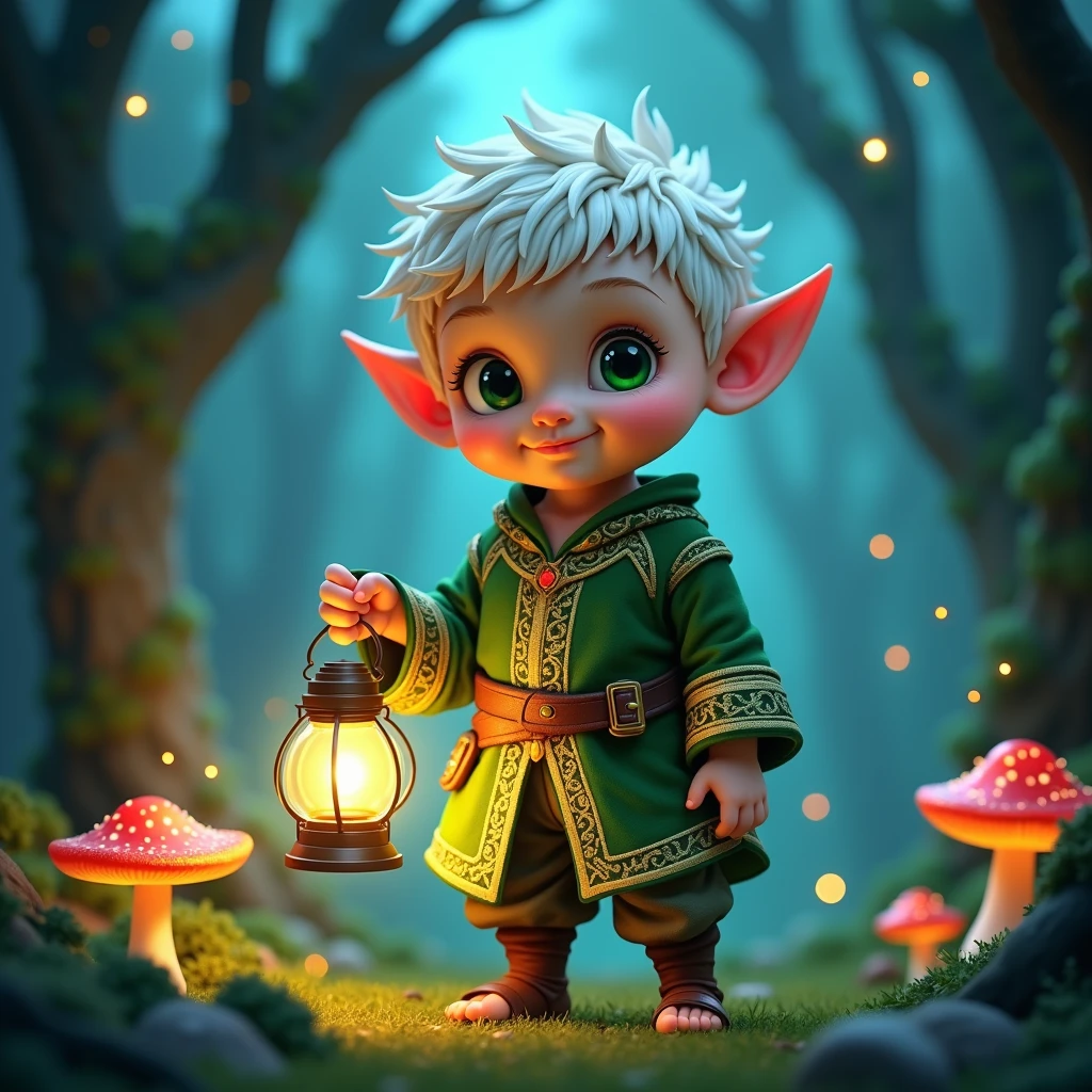 A charming little elf boy with big green eyes, short white hair - SeaArt AI