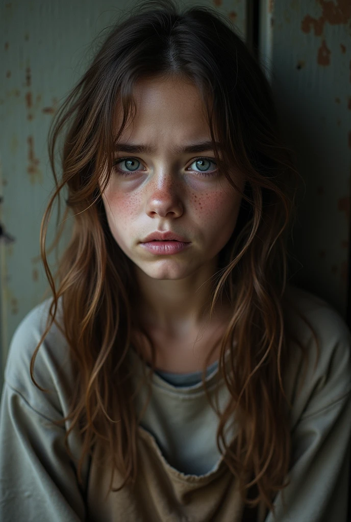 woman with brown hair poorly dressed scared realistic photo - SeaArt AI