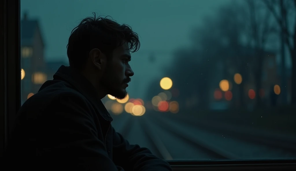 A man sitting alone by a train window at night, his face reflecting ...
