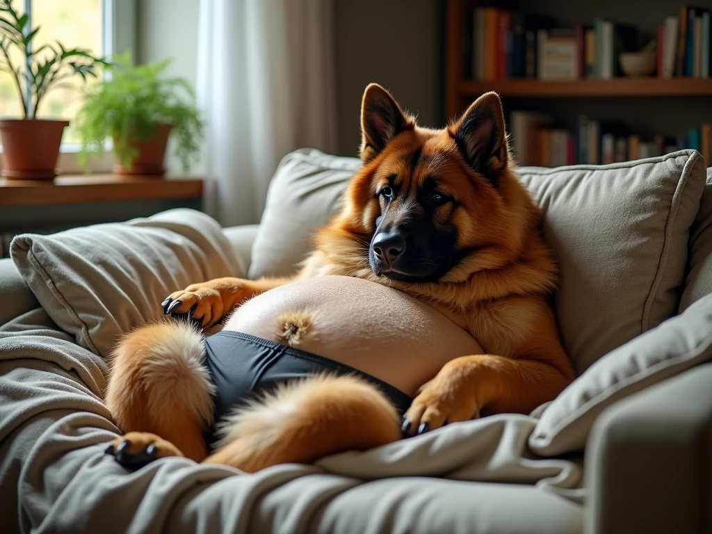 Fat german shepherd wearing underwears while on the couch lazyli eating ...