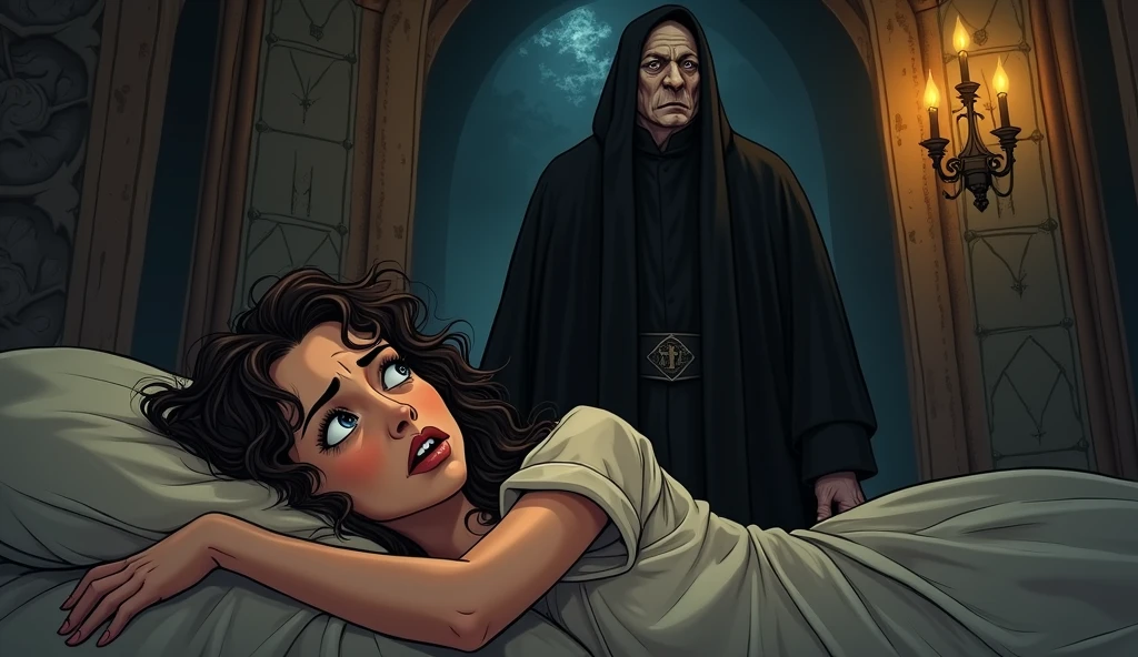 curly lying down she has a frightened face, Behind her is a priest with ...