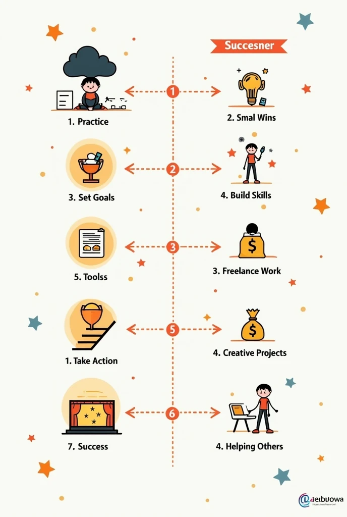 A minimalistic cartoon-style flowchart designed for ren, with bright ...