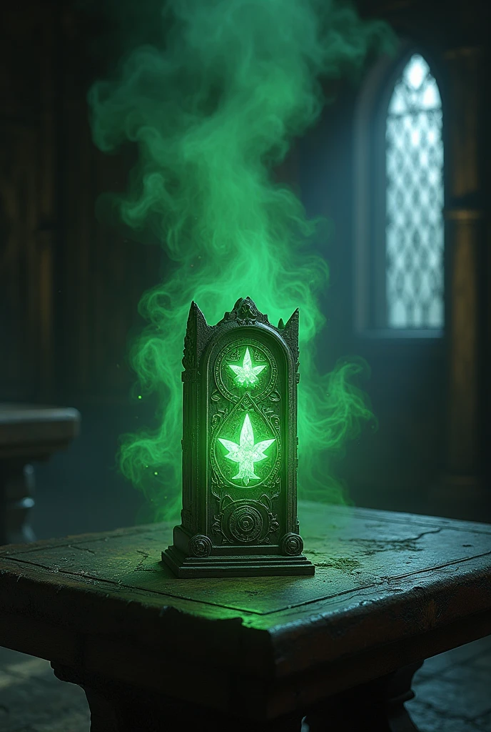 Amulet, Wood Material, Garlic Simbol, green ghostly aura, on top of ...