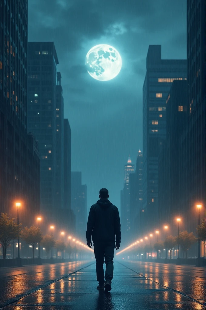 Man ( viendo la luna) Walking through city city city in Light Rain A ...
