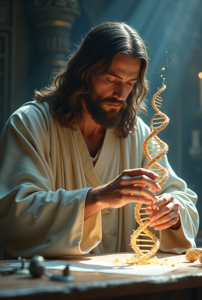 Create an image where Jesus Christ is designing DNA - SeaArt AI
