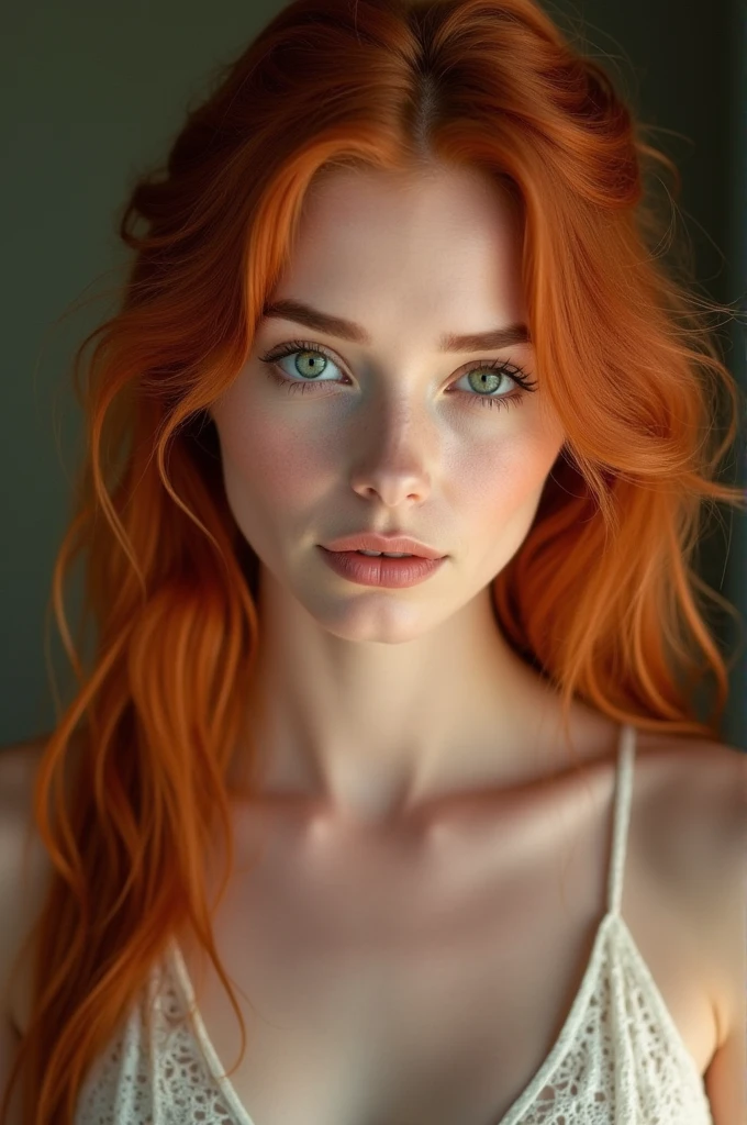 An incredibly beautiful redhead girl with green eyes in white legends ...