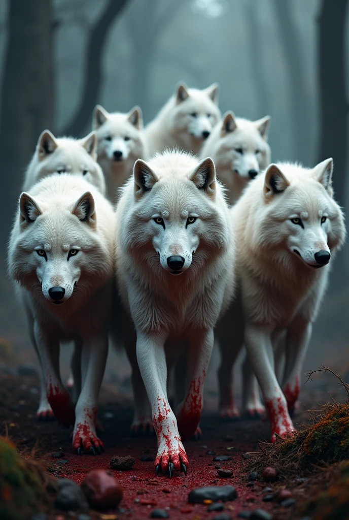 A pack of (seven) white blood drenched wolves, extremely detailed ...