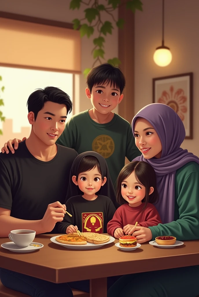 Family photo of young couple with 4 ren. 1 male teen . 1 young girl wearing - SeaArt AI