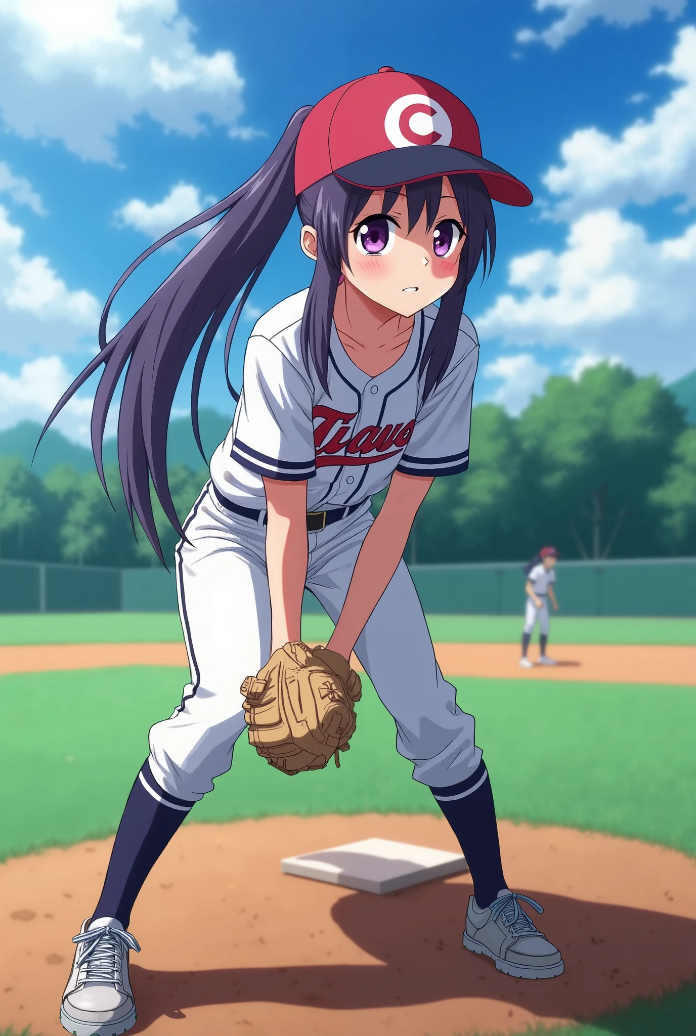 Anime baseball player with long hair and a red hat on a field - SeaArt AI
