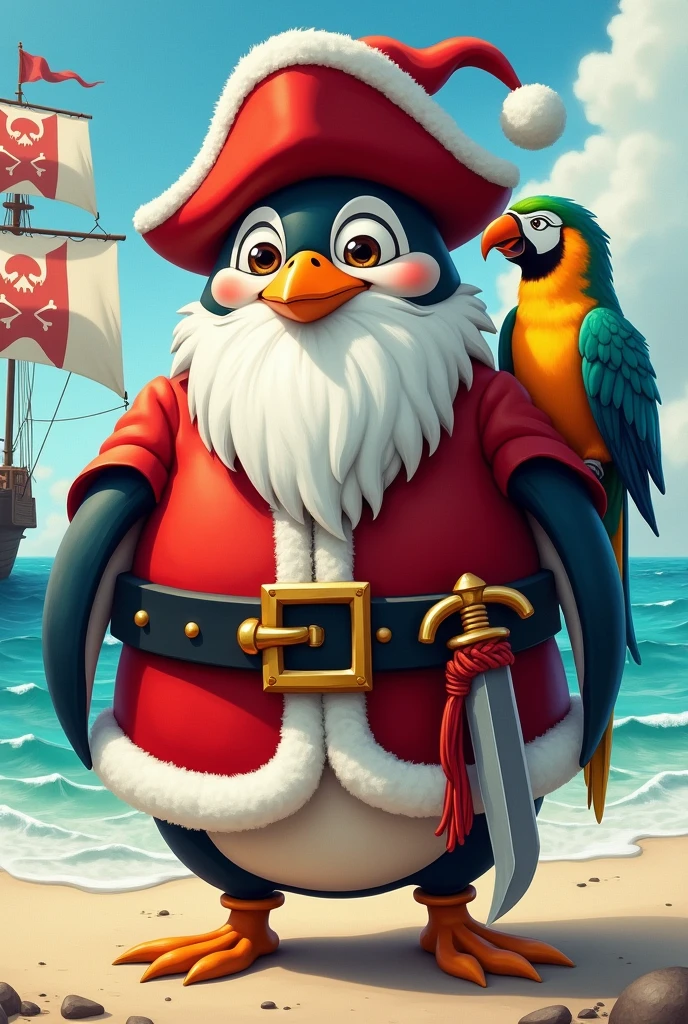 A cartoon penguin dressed in a Santa Claus costume, pirate captain ...