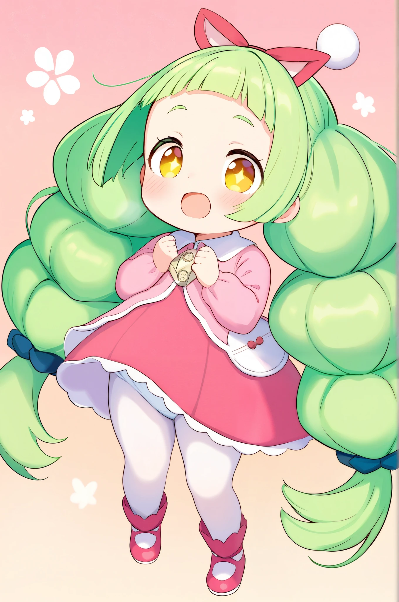 Anime girl with green hair and pink dress holding a cell phone - SeaArt AI