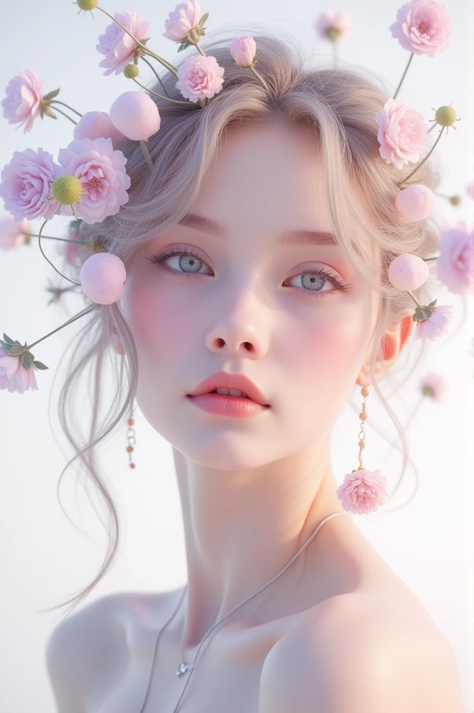 A woman whose head can only be seen in the middle of a white background ...