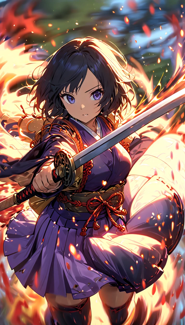 Cute pretty girl samurai 、{ wearing Japanese armor }、wield a flaming ...