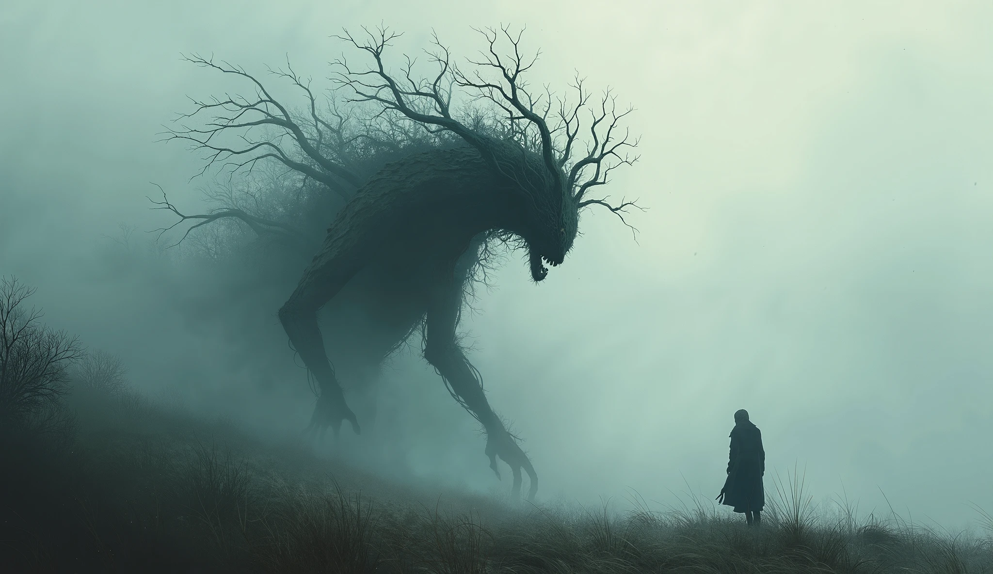 Heavy fog , dark environment, Creature with branches, impressionist ...