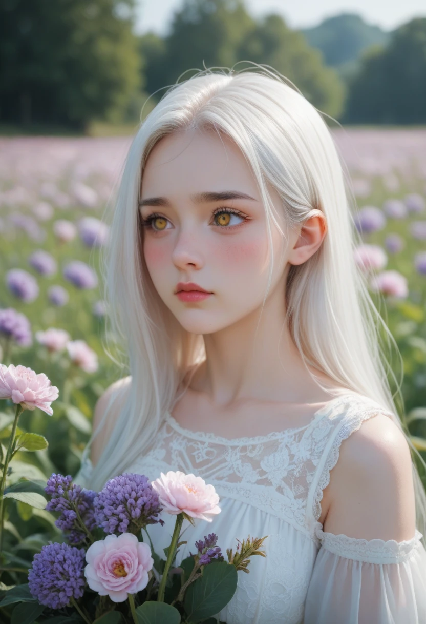 A girl stands in the middle of a flower field. White hair and amber ...