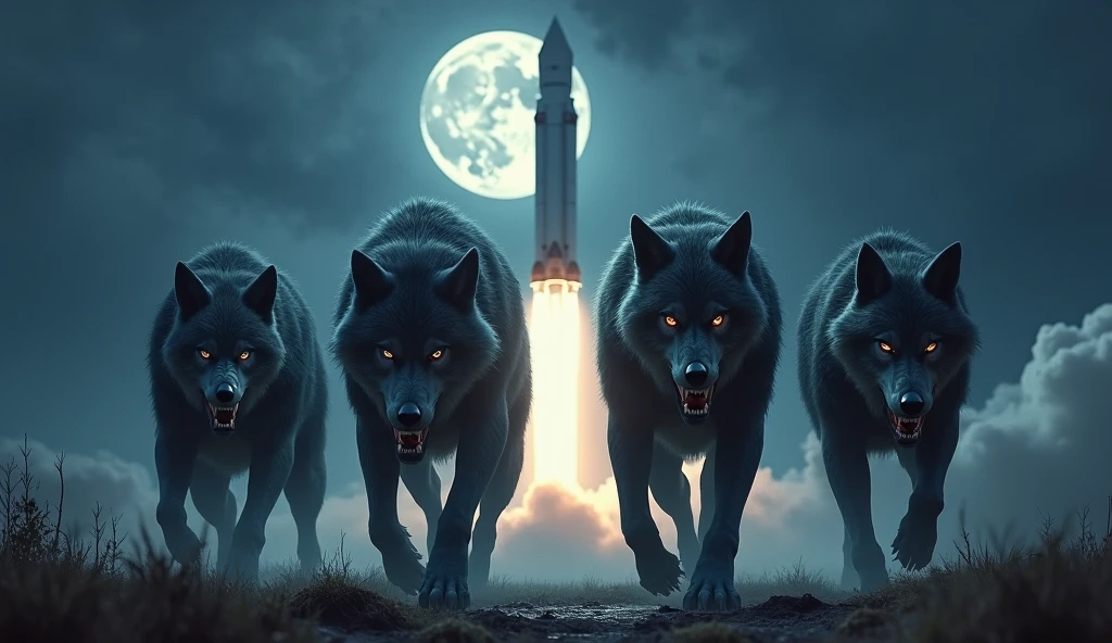 4 werewolves walking toward NASA's rocket - SeaArt AI