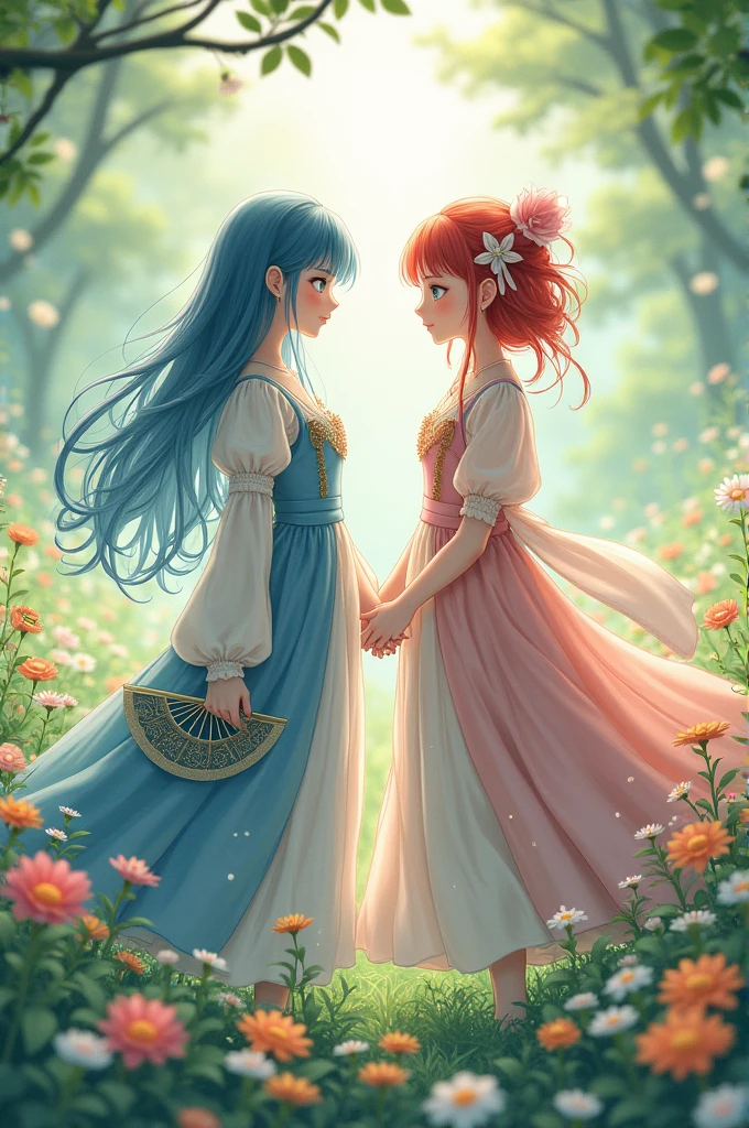 Anime photo 2 sisters holding hands and looking out in front - SeaArt AI