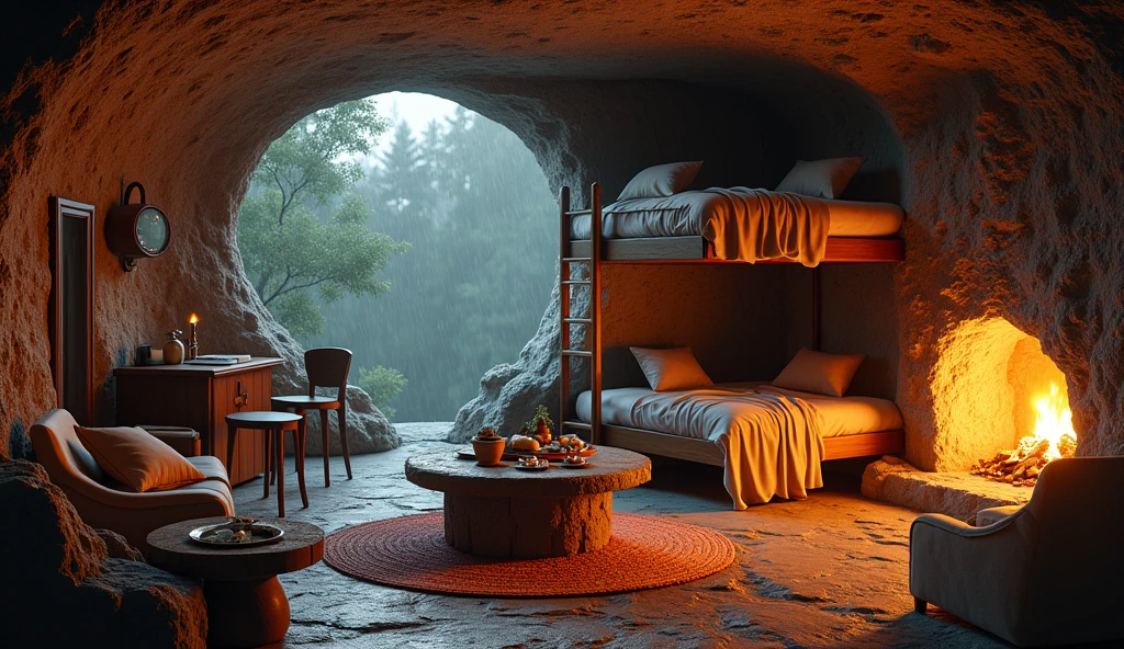 A large room with cave-themed beds and a bunk bed, fireplace - SeaArt AI