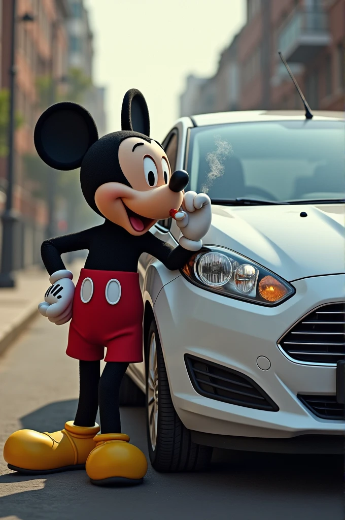 Mickey Mouse leaning against his white 2016 Ford Fiesta while smoking a ...
