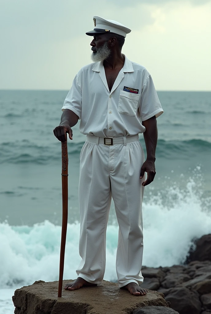 Exu sailor dressed in white looking at the sea with a cane - SeaArt AI