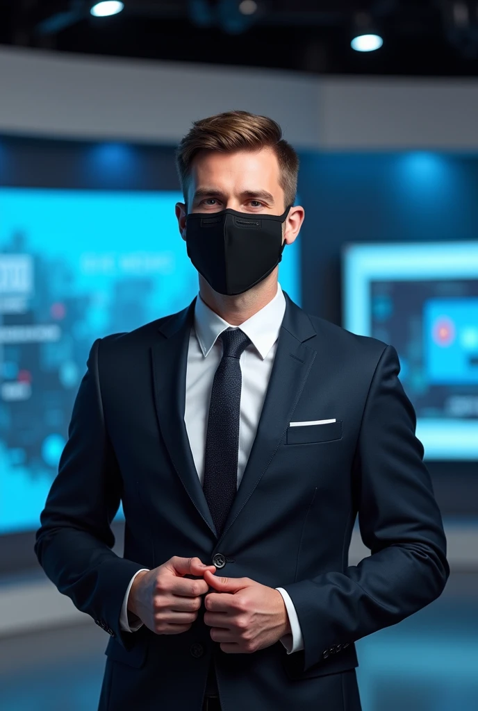 "A 25-year-old male news presenter standing upright, wearing a formal ...