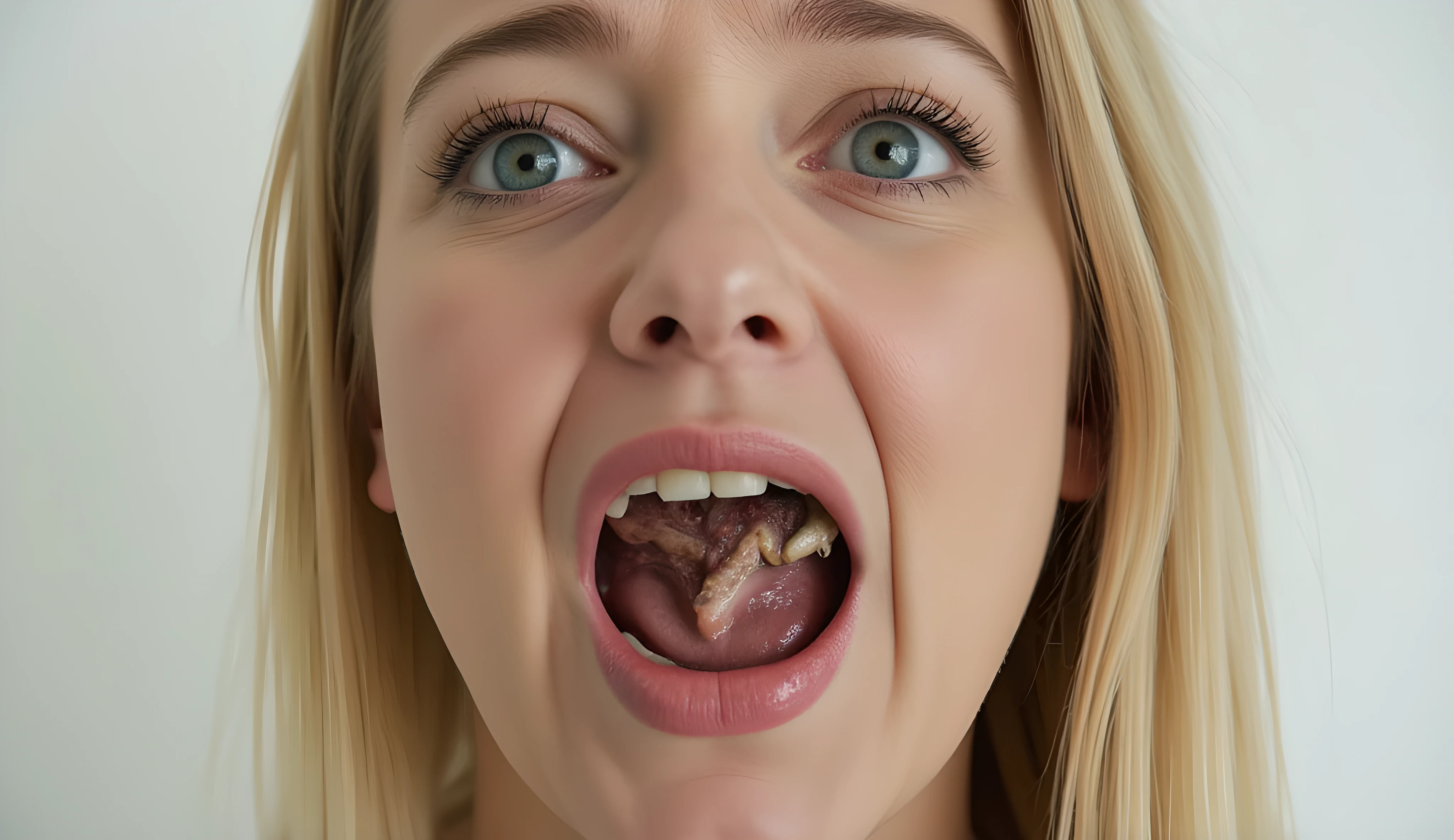 Blond woman with open mouth and teeth showing a piece of meat - SeaArt AI