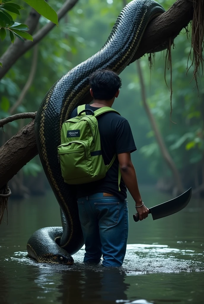 A very large giant anaconda snake, shiny scales,Wrapping his body ...