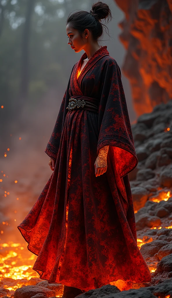 She wears lava textured robes that blend deep red and black - SeaArt AI