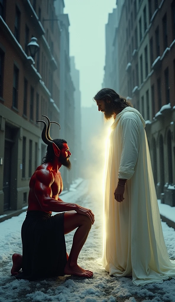 Satan the muscular devil, red skin, big horns. Satan kneels and cries ...